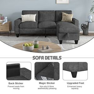 Grey Convertible Sectional Sofa Couch,3Seat L Shaped Sofa Couch with Storage Reversible Ottoman and Pockets, Modern Grey Snowflake Velvet Upholstered Sofa Furniture Sets for Living Room Small Space