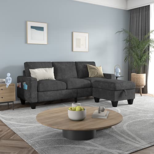 Grey Convertible Sectional Sofa Couch,3Seat L Shaped Sofa Couch with Storage Reversible Ottoman and Pockets, Modern Grey Snowflake Velvet Upholstered Sofa Furniture Sets for Living Room Small Space