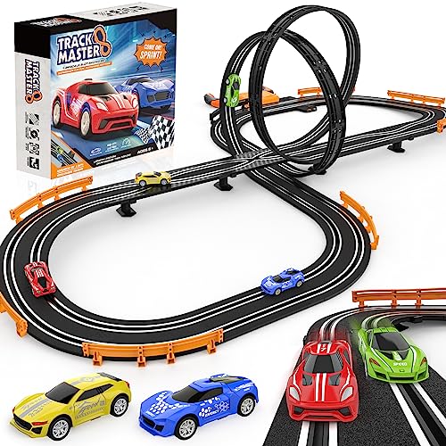 Slot-Car-Race-Track-Sets for Boys Kids, Battery or Electric Race Car Track with 4 High-Speed Slot Cars, Dual Racing Game 2 Hand Controllers Circular Overpass Track, Toys Gifts for 6-8 8-12 Boys Girls