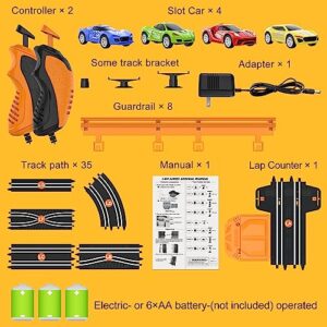 Slot-Car-Race-Track-Sets for Boys Kids, Battery or Electric Race Car Track with 4 High-Speed Slot Cars, Dual Racing Game 2 Hand Controllers Circular Overpass Track, Toys Gifts for 6-8 8-12 Boys Girls