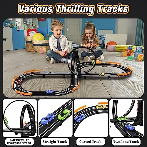 Slot-Car-Race-Track-Sets for Boys Kids, Battery or Electric Race Car Track with 4 High-Speed Slot Cars, Dual Racing Game 2 Hand Controllers Circular Overpass Track, Toys Gifts for 6-8 8-12 Boys Girls