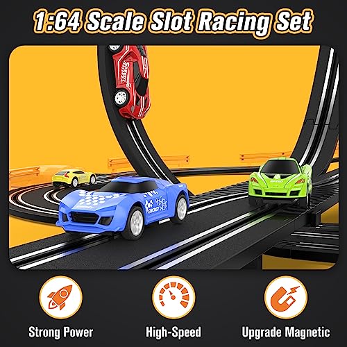 Slot-Car-Race-Track-Sets for Boys Kids, Battery or Electric Race Car Track with 4 High-Speed Slot Cars, Dual Racing Game 2 Hand Controllers Circular Overpass Track, Toys Gifts for 6-8 8-12 Boys Girls