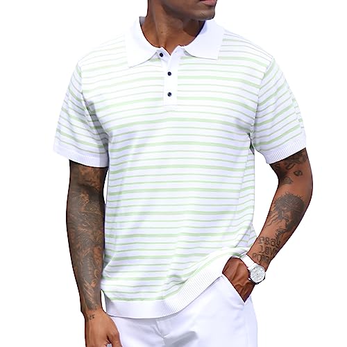 CTU Mens Fashion Polo Shirts Short Sleeve Lightweight Knitting Striped Golf Shirts Light Green M