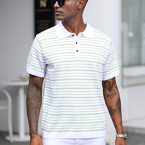 CTU Mens Fashion Polo Shirts Short Sleeve Lightweight Knitting Striped Golf Shirts Light Green M