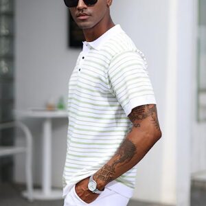 CTU Mens Fashion Polo Shirts Short Sleeve Lightweight Knitting Striped Golf Shirts Light Green M