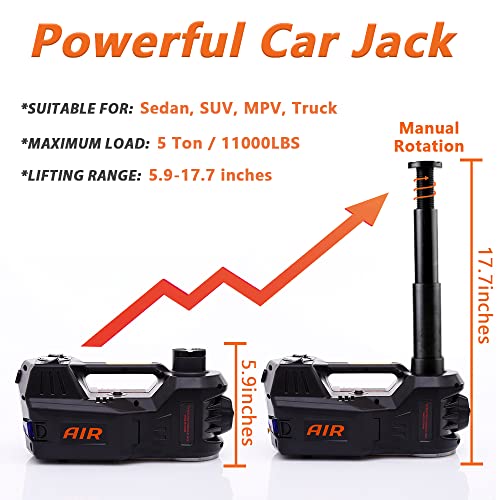 STANDTALL Electric Car Jack Kit, 5 Ton 12 V Hydraulic Jack with Impact Wrench Tire Inflator Pump and LED Light, for Sedans SUV and Trucks, Home Garage Tire Changing Repair and Road Emergency