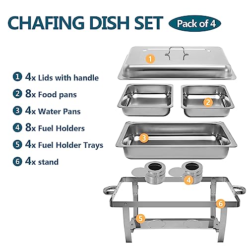 Chafing Dish Buffet Set 8 QT 4 Pack Stainless Steel,Buffet Servers and Warmers Chaffing Servers with Covers Folding Stand Food Warmer for Parties Buffets