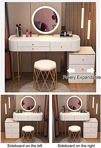 OLOTU Nordic Vanity Desk with Glass Tabletop, Makeup Vanity with Ergonomic Chair, Dressing Table with Lights Mirror and Drawers