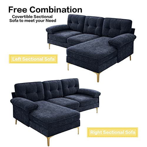 TEKAMON Navy Blue 82.7" Convertible Sectional Sofa Couch, 3 Seats L Shaped Retro Chenille Fabric Couch, Upholstered Comfy Reversible Sectional Sofa with Removable Washable Sofa Covers for Small Space