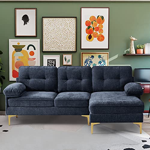 TEKAMON Navy Blue 82.7" Convertible Sectional Sofa Couch, 3 Seats L Shaped Retro Chenille Fabric Couch, Upholstered Comfy Reversible Sectional Sofa with Removable Washable Sofa Covers for Small Space