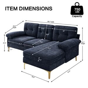 TEKAMON Navy Blue 82.7" Convertible Sectional Sofa Couch, 3 Seats L Shaped Retro Chenille Fabric Couch, Upholstered Comfy Reversible Sectional Sofa with Removable Washable Sofa Covers for Small Space