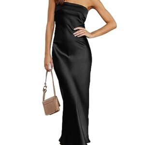 MEROKEETY Women 2023 Summer Strapless Satin Tube Bodycon Backless Wedding Guest Maxi Dress Black Large