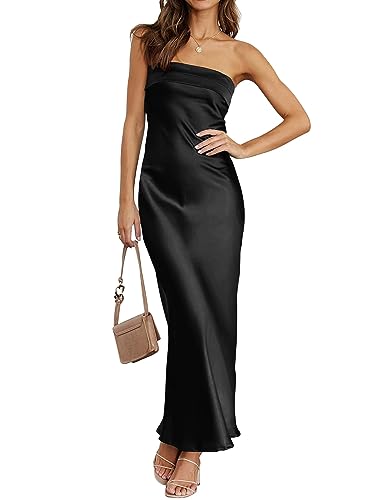 MEROKEETY Women 2023 Summer Strapless Satin Tube Bodycon Backless Wedding Guest Maxi Dress Black Large