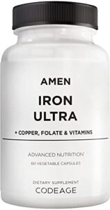 amen iron ultra supplement + copper, folate, vitamin c and vitamin b12-2-month supply - ferrous sulfate iron vitamin - iron 65mg per serving - iron folic acid - non-gmo iron pills - 60 capsules