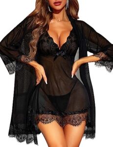 rslove women sexy lingerie set 3 piece babydoll & lace kimono robe strap chemise sleepwear mesh nightgown black m