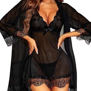 RSLOVE Women Sexy Lingerie Set 3 Piece Babydoll & Lace Kimono Robe Strap Chemise Sleepwear Mesh Nightgown Black M