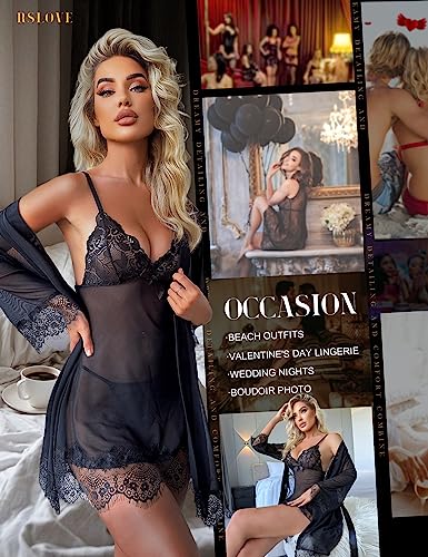 RSLOVE Women Sexy Lingerie Set 3 Piece Babydoll & Lace Kimono Robe Strap Chemise Sleepwear Mesh Nightgown Black M