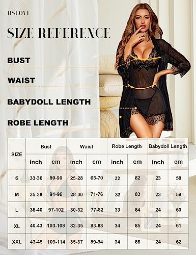 RSLOVE Women Sexy Lingerie Set 3 Piece Babydoll & Lace Kimono Robe Strap Chemise Sleepwear Mesh Nightgown Black M