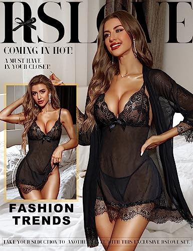 RSLOVE Women Sexy Lingerie Set 3 Piece Babydoll & Lace Kimono Robe Strap Chemise Sleepwear Mesh Nightgown Black M