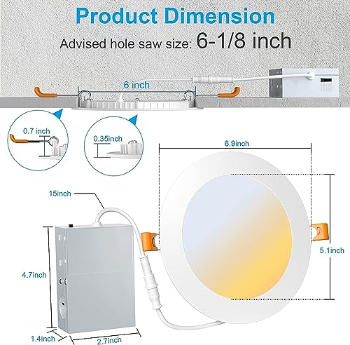 Miootly Recessed Lighting 6Pack 6 Inch 12W Ultra-Thin, Modern LED Ceiling Light Fixture with Metal Junction Box, 2700K/3000K/3500K/4000K/5000K Selectable, 1050LM, Dimmable