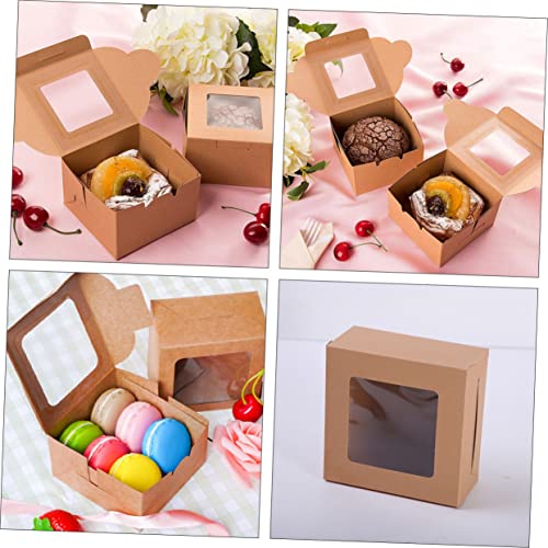 CALLARON 10pcs Kraft Paper Pastry Box Mini Cake Stand Disposable Paper Cups Mini Boxes Kraft Paper Boxes Bakery Box with Window Bakery Treat Boxes Cake Boxes with Clear Window Dessert Tray