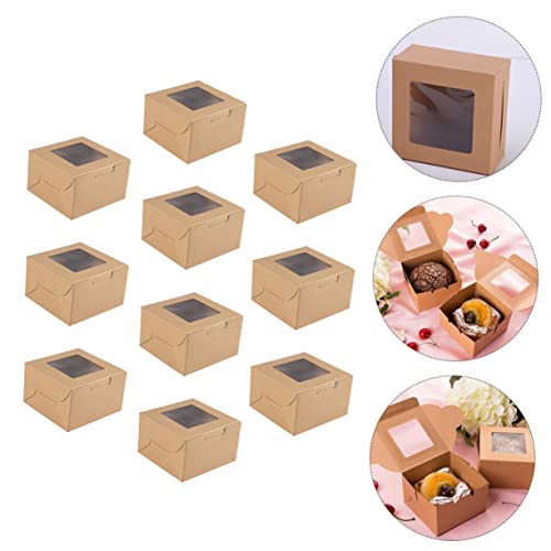 CALLARON 10pcs Kraft Paper Pastry Box Mini Cake Stand Disposable Paper Cups Mini Boxes Kraft Paper Boxes Bakery Box with Window Bakery Treat Boxes Cake Boxes with Clear Window Dessert Tray