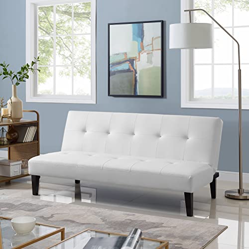 Naomi Home Button Tufted Futon Sofa Bed Pull Out Sofa Bed Couch Convertible with Wooden Legs, Folding, Reclining Small Couch Bed, Futon Bed for Living Room, White