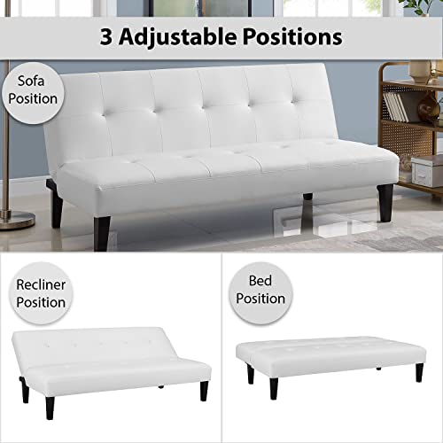 Naomi Home Button Tufted Futon Sofa Bed Pull Out Sofa Bed Couch Convertible with Wooden Legs, Folding, Reclining Small Couch Bed, Futon Bed for Living Room, White