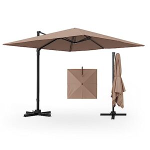 tangkula 9.5 ft cantilever patio umbrella, outdoor square offset umbrella with 360°rotation, heavy duty patio hanging umbrella with cross base for garden deck pool backyard (tan)