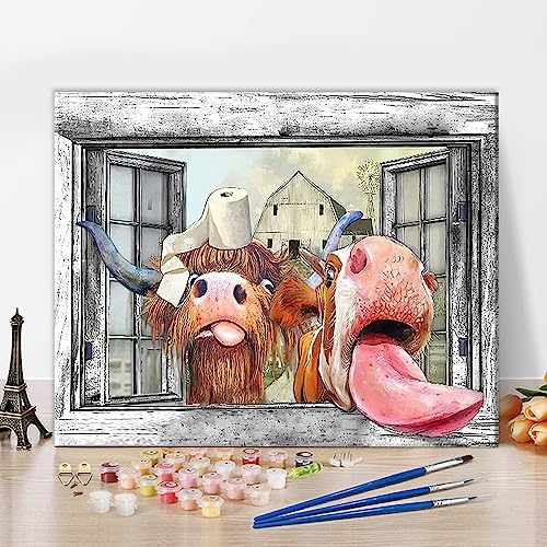 TUMOVO Paint by Numbers for Adults Beginner, Rustic Highland Cow Oil Painting for Adults Kids Paint by Number Funny Cow Paint Number Kits Paint by Numbers for Kids DIY Acrylic Painting Kits, 16"x20"