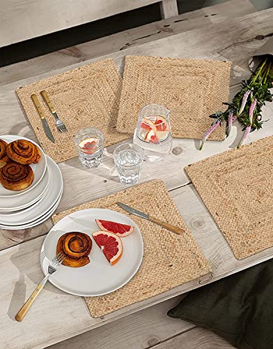 Jaipur Special Home Jute Braided Square Placemats 14x14 Inches - Natural Reversible Mats for Dining Table Woven Placemats Farmhouse Placemats (Set of 8)