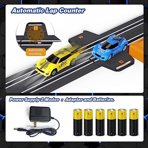 Slot Car Race Track Sets for Boys Kids,Battery or Electric Race Car Track with 4 High-Speed Slot Cars and 2 Hand Controllers,Dual Racing Game Lap Counter Circular Overpass Track Toys Age 6 7 8-12