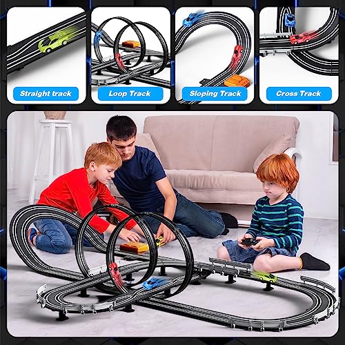 Slot Car Race Track Sets for Boys Kids,Battery or Electric Race Car Track with 4 High-Speed Slot Cars and 2 Hand Controllers,Dual Racing Game Lap Counter Circular Overpass Track Toys Age 6 7 8-12