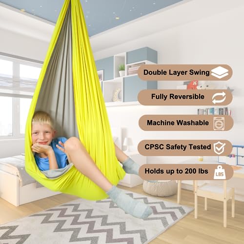 2 in 1 Kids Sensory Swing with Pillow | Kids Pod Swing & Autism Swing | Strong & Reversible Hanging Chair for Bedroom up to 200 lbs | Kids Hammock ADHD Chair | Sensory Swing for Kids Indoor Outdoor