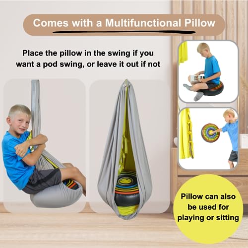 2 in 1 Kids Sensory Swing with Pillow | Kids Pod Swing & Autism Swing | Strong & Reversible Hanging Chair for Bedroom up to 200 lbs | Kids Hammock ADHD Chair | Sensory Swing for Kids Indoor Outdoor