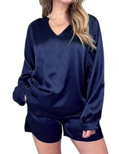 ekouaer womens satin silk pajamas set comfortable v neck long sleeve shorts sleepwear set pjs loungewear navy medium