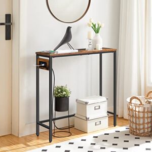 HOOBRO 2 Pack Narrow Console Table with Outlets, 29.5" Small Entryway Table, Thin Sofa Table, Side Table, Display Table, for Hallway, Bedroom, Living Room, Foyer, Rustic Brown and Black