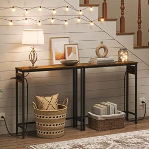 HOOBRO 2 Pack Narrow Console Table with Outlets, 29.5" Small Entryway Table, Thin Sofa Table, Side Table, Display Table, for Hallway, Bedroom, Living Room, Foyer, Rustic Brown and Black