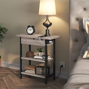 LIDYUK End Table with Charging Station, Set of 2 Flip Top Narrow Side Table for Small Spaces, Nightstands Set of 2 for Bedroom, End Tables Living Room Set of 2 with Storage Shelves, Greige