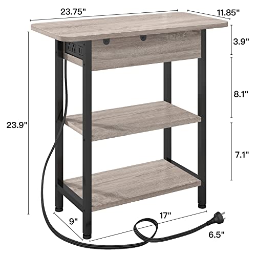 LIDYUK End Table with Charging Station, Set of 2 Flip Top Narrow Side Table for Small Spaces, Nightstands Set of 2 for Bedroom, End Tables Living Room Set of 2 with Storage Shelves, Greige