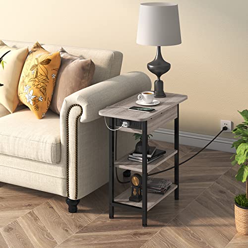 LIDYUK End Table with Charging Station, Set of 2 Flip Top Narrow Side Table for Small Spaces, Nightstands Set of 2 for Bedroom, End Tables Living Room Set of 2 with Storage Shelves, Greige