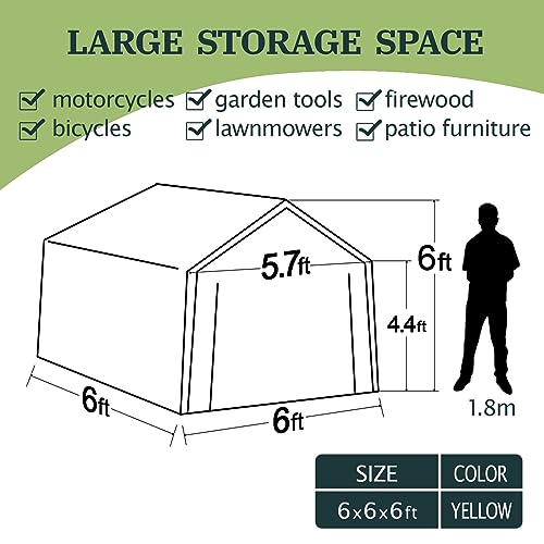 Weather Fast Outdoor Storage Shed Shelter with Roll-up Zipper Door S-Hooks and Sandbags, 6x6 Ft Waterproof and UV Resistant Portable Garage Carport, Motorcycle Bike ATV Tent Shed, Yellow