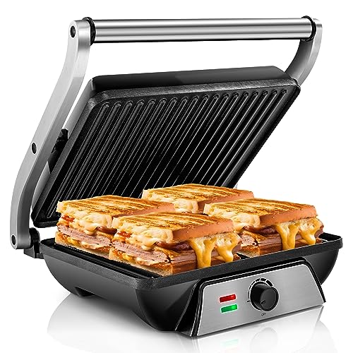 SUSTEAS 3-in-1 Electric Indoor Grill - Panini Press with Non-Stick Cooking Plates, Opens 180-Degree Gourmet Sandwich Maker, Floating Hinge Fits All Foods, Panini Press Grill with Grease Tray