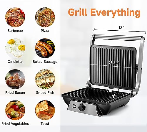 SUSTEAS 3-in-1 Electric Indoor Grill - Panini Press with Non-Stick Cooking Plates, Opens 180-Degree Gourmet Sandwich Maker, Floating Hinge Fits All Foods, Panini Press Grill with Grease Tray