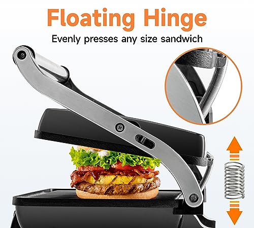 SUSTEAS 3-in-1 Electric Indoor Grill - Panini Press with Non-Stick Cooking Plates, Opens 180-Degree Gourmet Sandwich Maker, Floating Hinge Fits All Foods, Panini Press Grill with Grease Tray