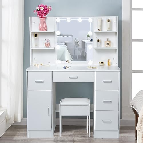 Abesthink Large Vanity,Makeup Vanity Table with Lights and Mirror, White Vanity Set Makeup Table with 5 Drawers, 1 Cabinets and Multiple Shelves and Stool for Bedroom Girls Women