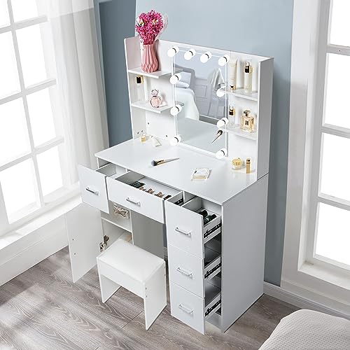 Abesthink Large Vanity,Makeup Vanity Table with Lights and Mirror, White Vanity Set Makeup Table with 5 Drawers, 1 Cabinets and Multiple Shelves and Stool for Bedroom Girls Women