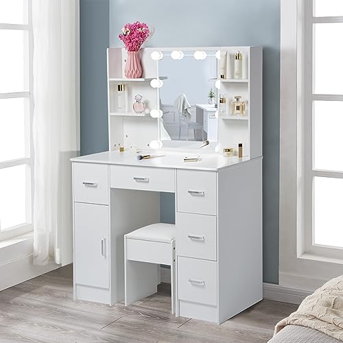 Abesthink Large Vanity,Makeup Vanity Table with Lights and Mirror, White Vanity Set Makeup Table with 5 Drawers, 1 Cabinets and Multiple Shelves and Stool for Bedroom Girls Women