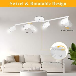 BoostArea LED 4 Light Track Lighting Kit, White 4 Way Ceiling Spot Lighting, Flexibly Rotatable Light Head for Kitchen, Living Room, Bedroom, Bulb Not Included