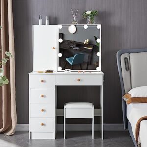 Makeup Vanity with LED Lighted Mirror, White Vanity Desk with Lights,Vanity Table with 5 Drawers and Cushioned Stool, Modern Makeup Vanity Dressing Table for Bedroom